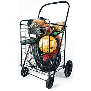 ATH Large Deluxe Rolling Utility / Shopping Cart - Stowable Folding Heavy Duty Cart with Rubber Wheels For Haul Laundry, Groceries, Toys, Sports Equipment, Black