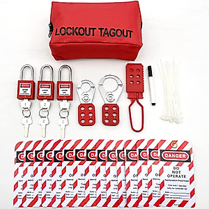 Lockout Tagout Kit Electrical Loto - Group Lockout Hasps, Lockout Tags, Safety Padlocks with Number, Nylon Ties with Pocket Bag(Red Kit)