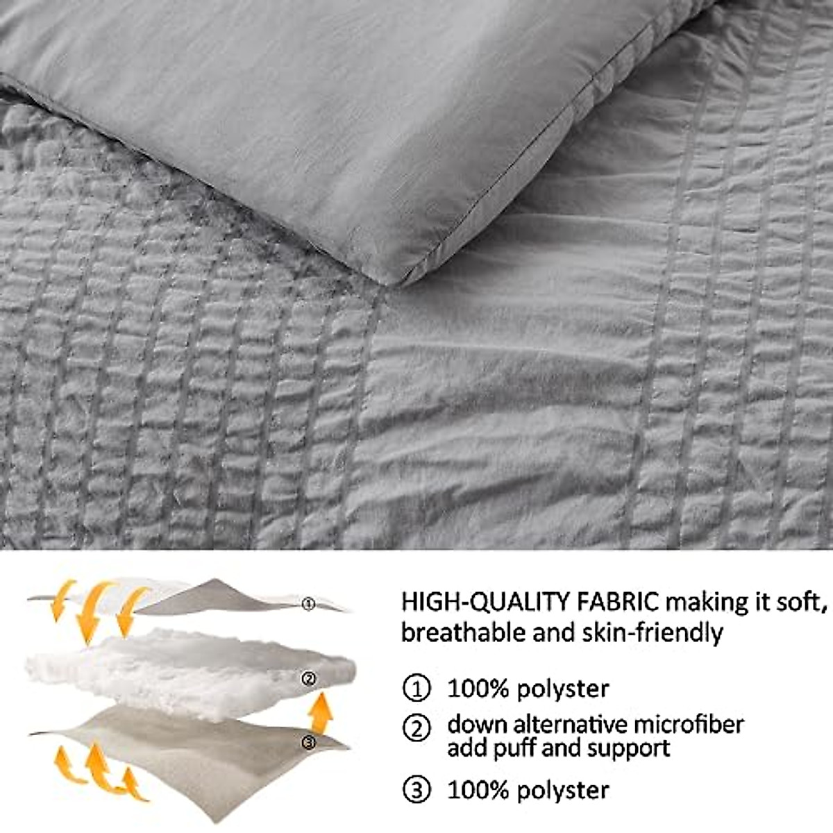 Seersucker Grey King Size Comforter Set, 3 Pieces- Soft Washed Microfiber Gray Comforter with 2 Pillowcases Shams, Fluffy Down Alternative Bedding Comforter Sets for All Season (104x90 inches)
