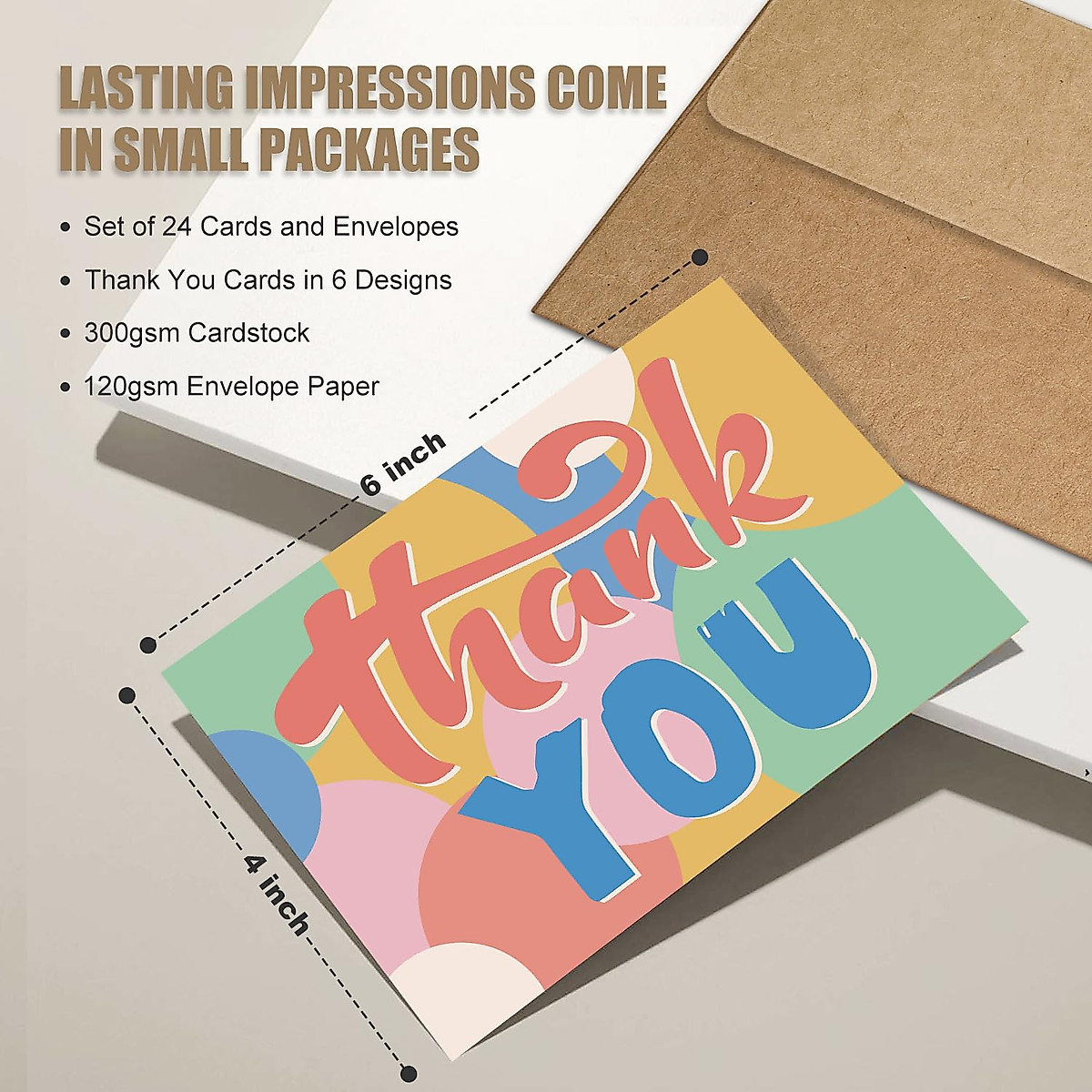 WEIZHEN Blank Cards,24-Pack Thank You Cards Set - Assorted in 6 Styles with Rustic Envelope- Perfect for Handwritten Messages,4x6 inch