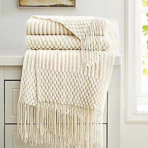 HommxJF Off White Knitted Throw Blankets for Couch, Bedroom and Officeroom,Textured Fade Resistant Soft and Warm Decorative Knitted Blankets with Tassel,50"x60"