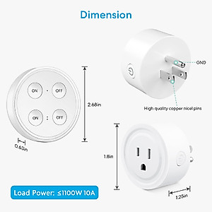LoraTap Mini Remote Control Outlet Plug Adapter with Remote, 656ft Range Wireless Light Switch for Household Appliances, No Hub Required, 10A/1100W, White, 2 Years Warranty (One Remote + 2 Outlets)