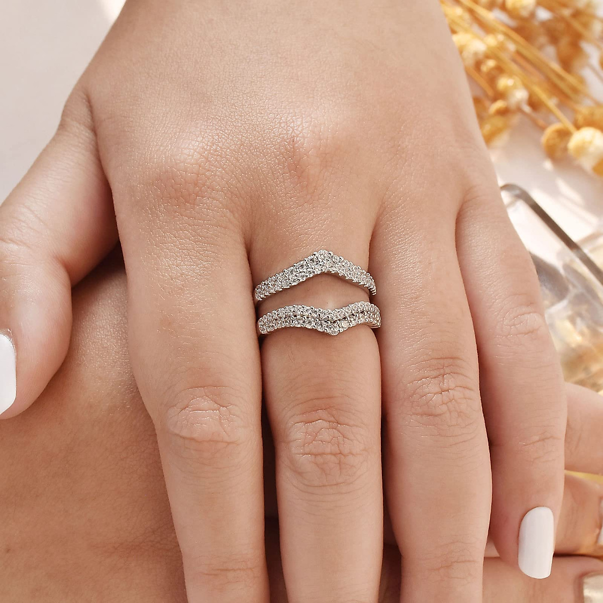 Newshe Jewellery Curved Bridal Ring Enhancer Guard for Women AAAAA Cz Engagement Rings 925 Sterling Silver White Gold Size 5