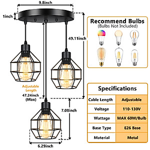 FadimiKoo Farmhouse 3-Light Pendant Light Fixtures, Adjustable Industrial Hanging Pendant Lighting for Kitchen Island, Vintage Black Metal Cage Pendant Ceiling Lamp for Dining Room Bedroom