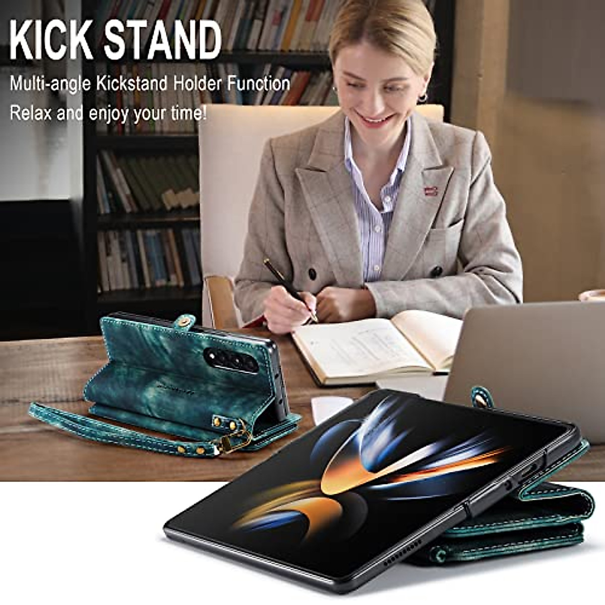 Defencase Wallet Case Compatible with Samsung Galaxy Z Fold 4 with Card Holder PU Leather Magnetic Snap Flip Zipper Strap Phone Case Fit for Galaxy Z Fold 4, Fashion Blue