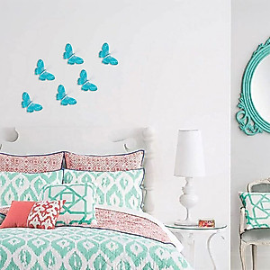 3D Teal Butterfly Wall Decor: Set of 6 Real Feather Butterflies Wall Stickers with Pearls for Girls Bedroom Baby Shower Wedding Cake Office Decor Butterfly Wall Decals for Bathroom Boho Living Room