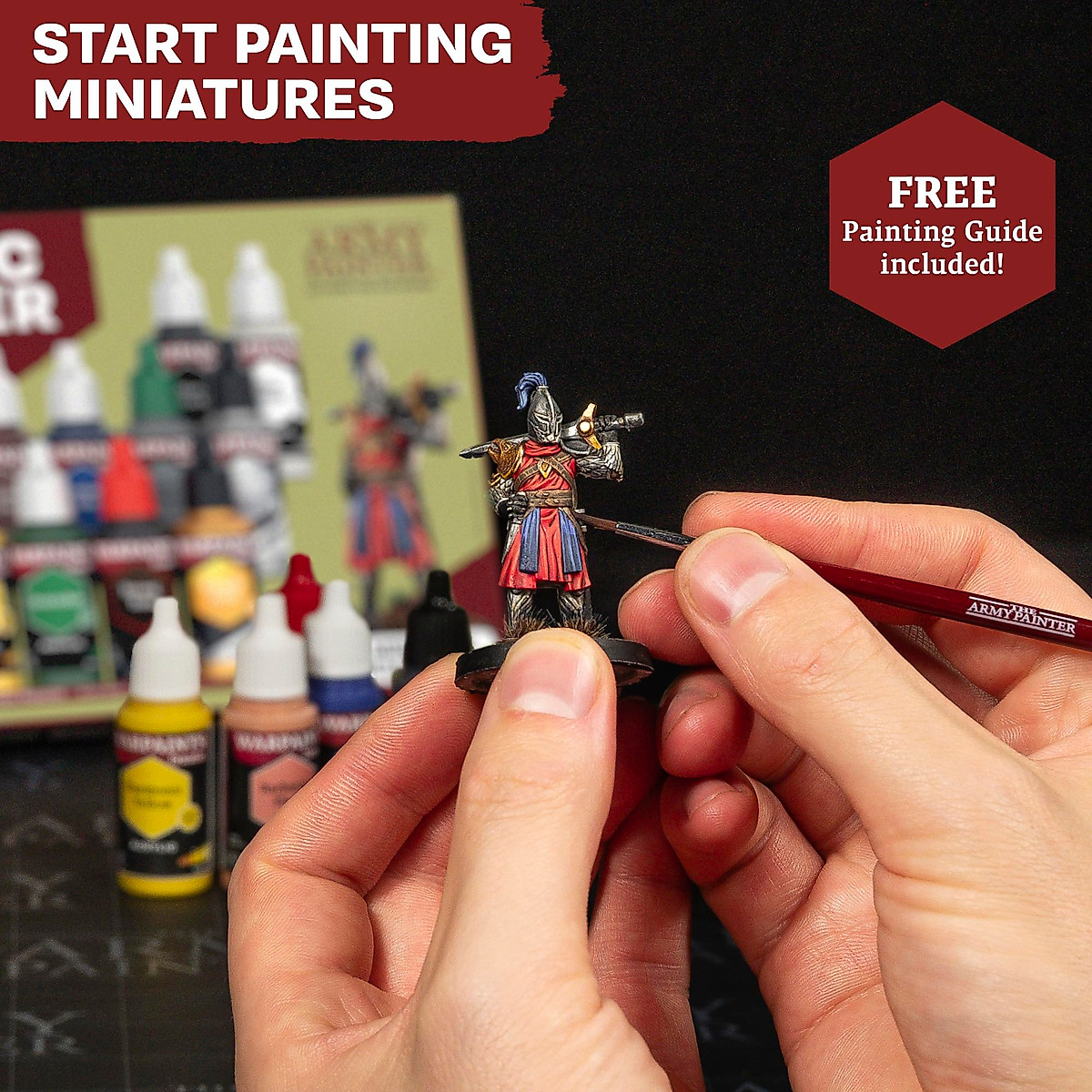The Army Painter Warpaints Fanatic: Starter Set, 11 paints: 7 acrylic colours, 2 Metallics, 1 Wash, 1 Brush-On Primer, 1 Free Miniature figure and Starter Brush