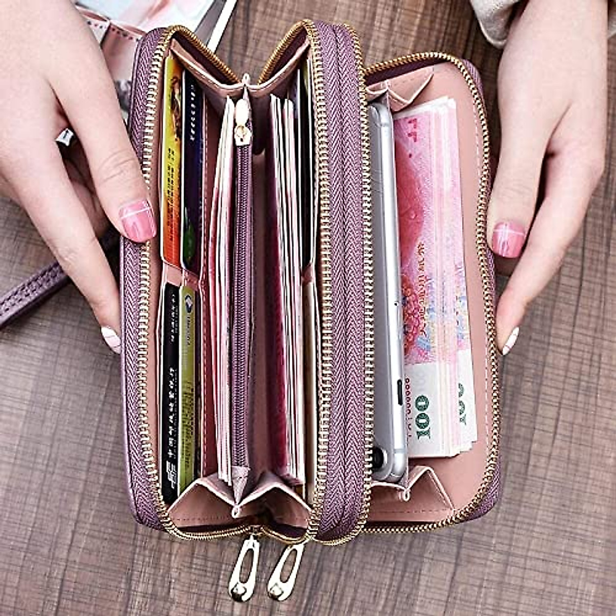 QLAZO Wallet for Women， Wallet, Fashion Double Zipper PU Women's Wallet Long Style Large-Capacity Wallet Coin Purse (Color : Rubber Pink)