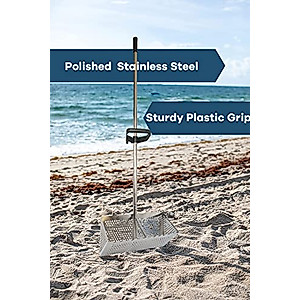 Sand Fleas Rake, Stainless Steel Sand Sifter, Detachable 47 Inches Long Handle, Collapsible Shark Tooth Sifter for Beach,Sand Crab Catcher with Foldable Pail .