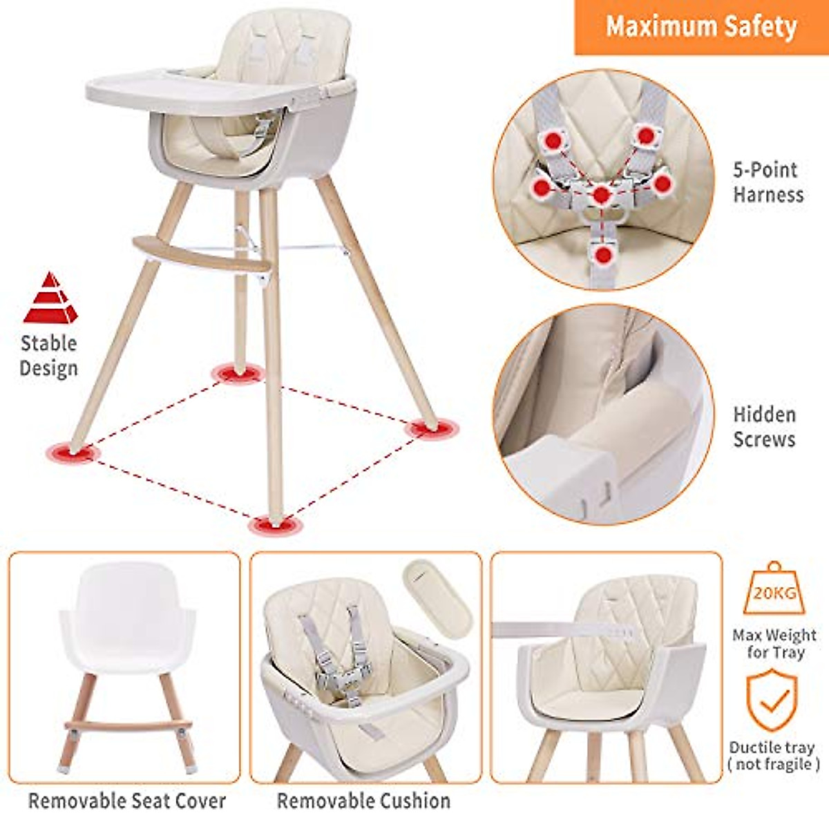 3-in-1 Convertible Wooden High Chair,Baby High Chair with Adjustable Legs & Dishwasher Safe Tray, Made of Sleek Hardwood & Premium Leatherette,Cream Color