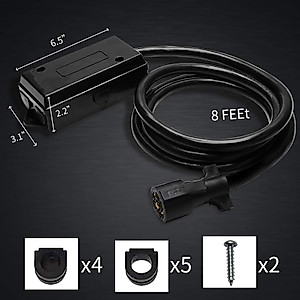 OPL5 7 Way Trailer Plug 8 Feet Heavy Duty Inline Trailer Cord with 7 Gang Wiring Junction Box Weatherproof 7 Pin Trailer Wiring Harness Include Plug Holder for Campers Caravans Food Vans