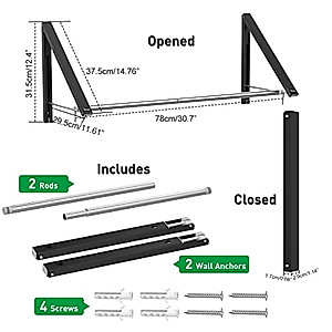 Anjuer Retractable Clothes Rack - Wall Mounted Folding Clothes Hanger Drying Rack for Laundry Room Closet Storage Organization, Aluminum, 2 Racks with Rod (Black)