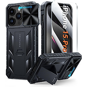 FNTCASE for iPhone 15 Pro Case: Military Grade Drop & Shock Protection Cell Phone Cover with Kickstand & Slide | Rugged Protective Bumper Textured | Heavy Duty Protector(Black)