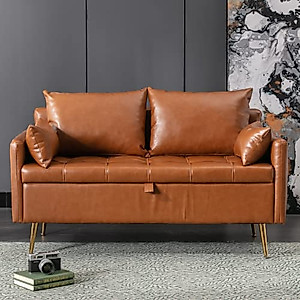 Ya-Home Modern Loveseat Sofa Comfy PU Leather with Armrest and Pillows, Upholstered Tufted Couch Love Seat Sofa with Storage Function for Living Room Office, Brown