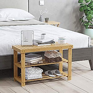 C&AHOME Shoe Rack Bench Bamboo, 3-Tier Shoe Organizer for Entryway, Shoe Storage Shelf Holds up to 240 LBS, Storage Benches Ideal for Bathroom Bench, Entryway, Hallway and Living Room, Natural
