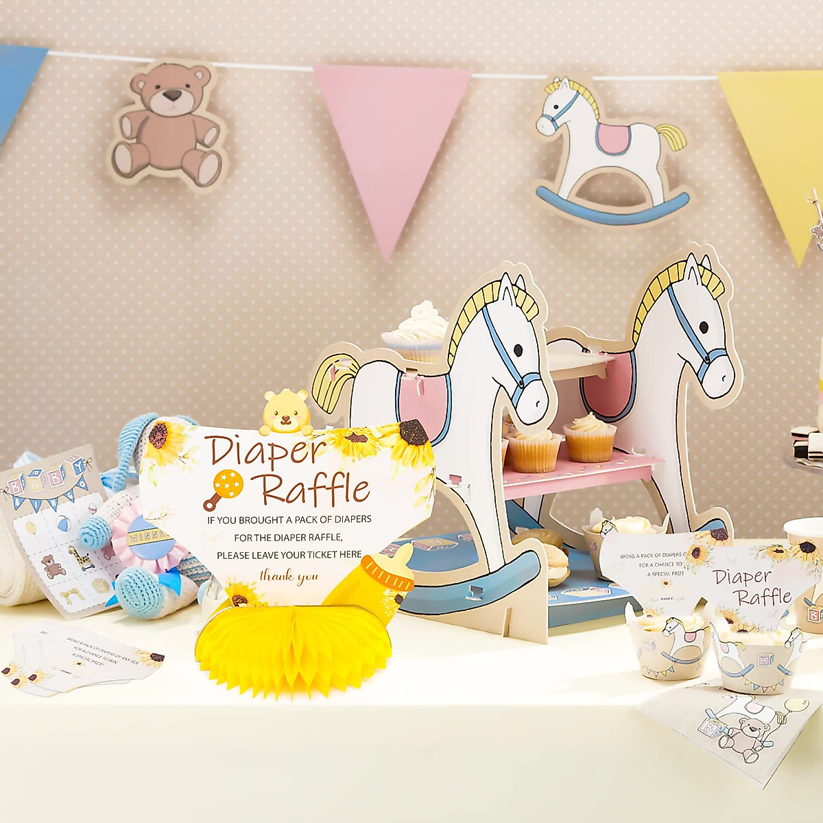 Luiqs Vens Sunflower Diaper Raffle Sign with 50Pcs Diaper Shaped Raffle Ticket Insert Bring a Pack of Diapers Game Kit Sunflower Lottery Insert Cards for Baby Shower Birthday Gender Reveal Party