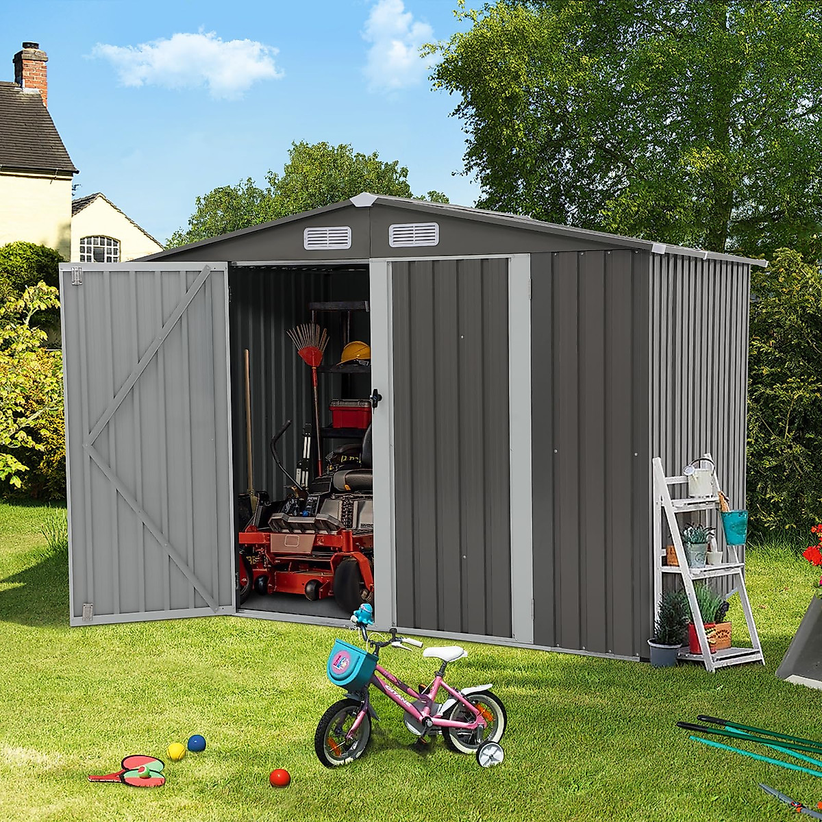 Verano Garden 8x6 FT Outdoor Storage Shed, Galvanized Steel Metal Garden Shed, Double Door W/Lock, Outdoor Storage Tool House for Backyard, Patio, Lawn