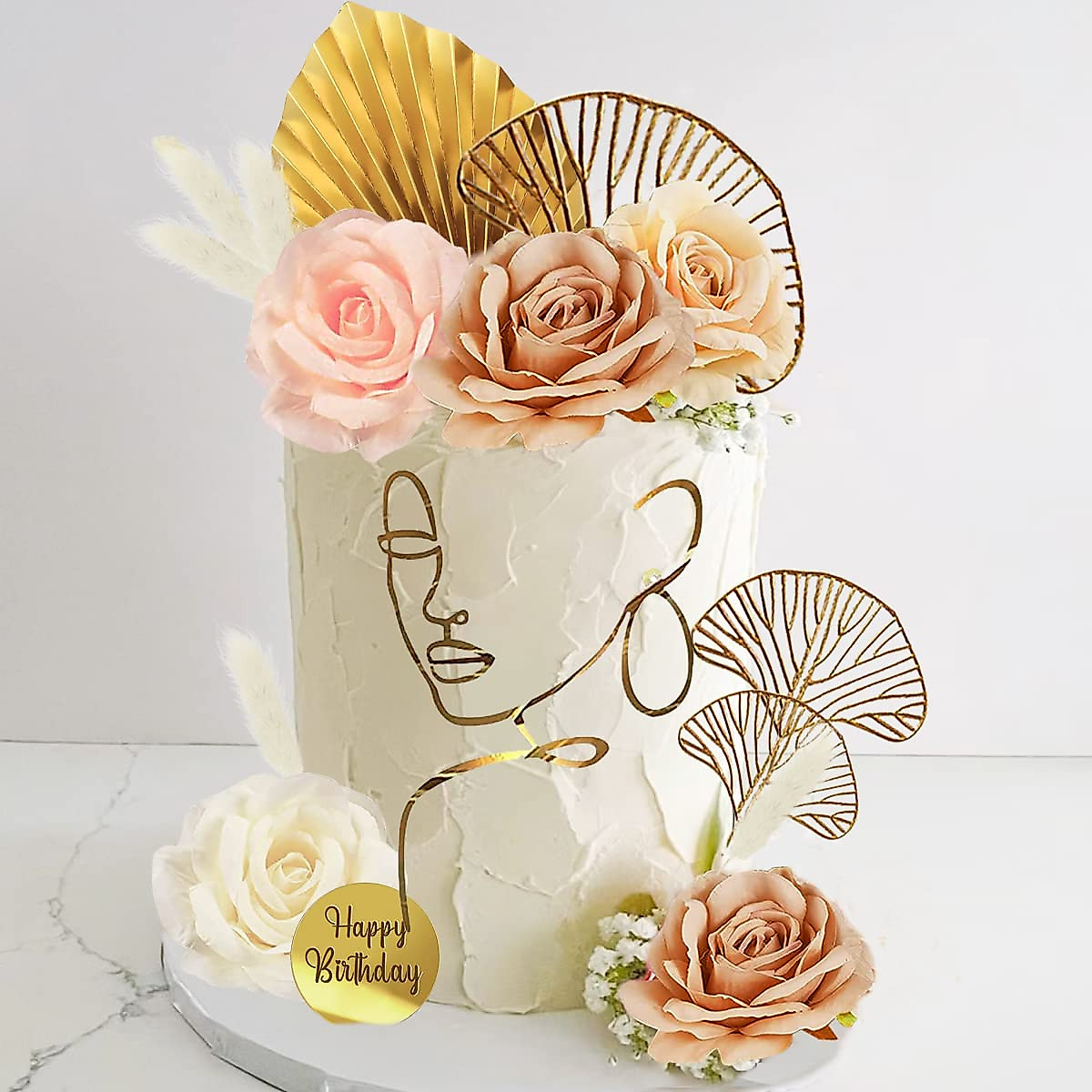 Boho Flower Cake Toppers Lady Face Birthday Cake Decorations with Palm Leaves Ginkgo Leaves for Birthday Party Wedding Boho Themed Party Supplies (FLowers)