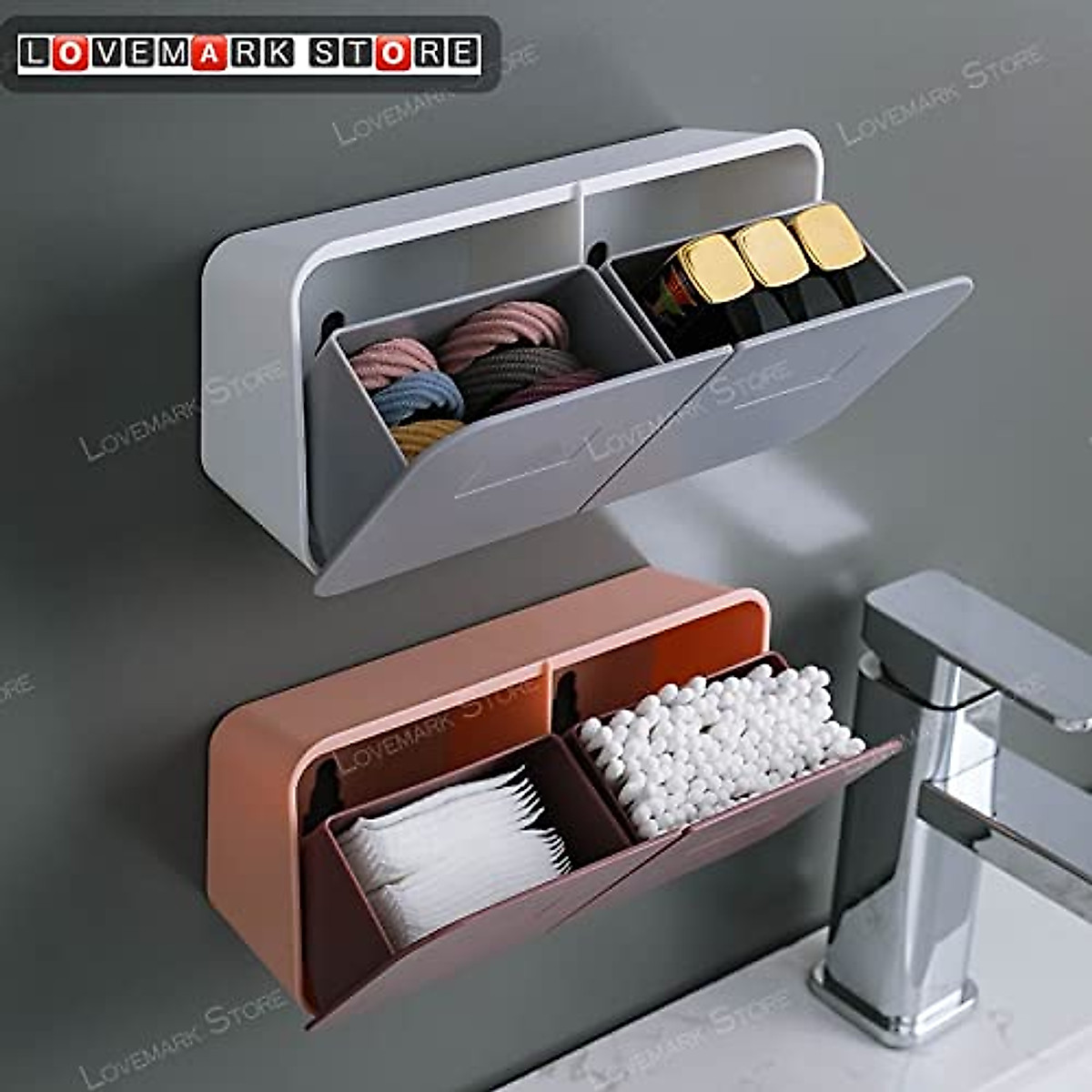 Qtip Holder | WALL-MOUNTED for Cotton Swabs | ORGANIZER | STORAGE BOX | 2 SEPARATE SECTIONED, WALL-MOUNTED, MULTI-PURPOSE COSMETIC BOX | JEWELRY STORAGE | MAKEUP COTTON SWAB ORGANIZER | HOUSEHOLD STORAGE BOXES. USAGE BEDROOM, BATHROOM, MAKEUP-TABLE