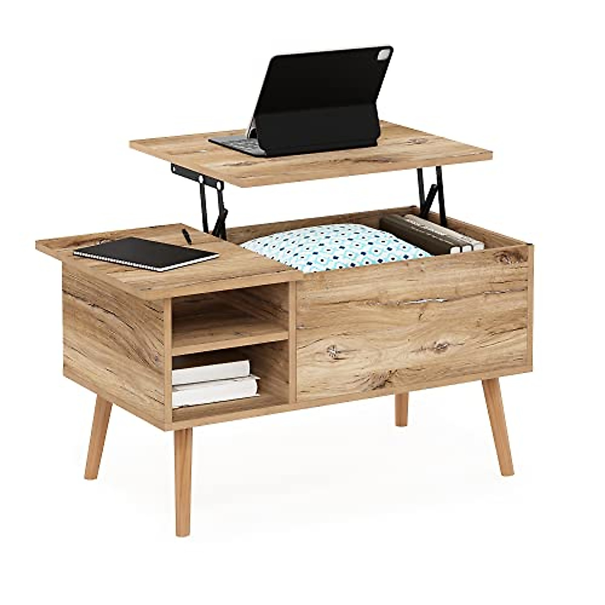 Furinno Jensen Living Room Wooden Leg Lift Top Coffee Table with Hidden Compartment and Side Open Storage Shelf, Flagstaff Oak