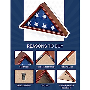 DecoWoodo Flag Box Display Case for 3'x5' Folded American Flag (Not for Burial Flag) - Wooden Military Veteran Flag Shadow Box with HD Tempered Glass, Wall Mounted Triangle Flag Frame, Brown