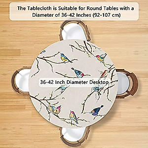 Little Birds Round Tablecloths Bird on Branches Tablecloths for Circular Tables Round Fitted Polyester Tablecover with Elastic for Kitchen/Dining/Party Indoor and Outdoor Use Machine Washable 36"- 42"