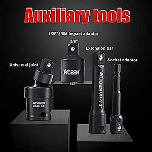 AOBEN 3/8-Inch Drive Impact Socket Set, 49 Pieces, 6 Point, SAE/Metric, (5/16" - 3/4", 8mm - 22mm), Deep/Standard, Cr-V Steel, Includes Extension Bars and Adapter