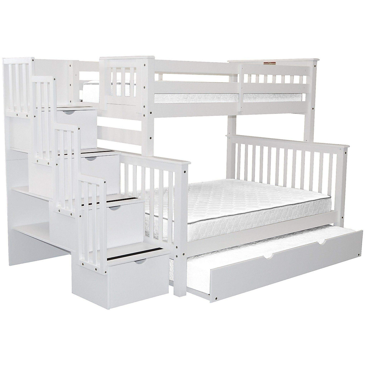 Bedz King Stairway Bunk Beds Twin over Full with 4 Drawers in the Steps and a Twin Trundle, White
