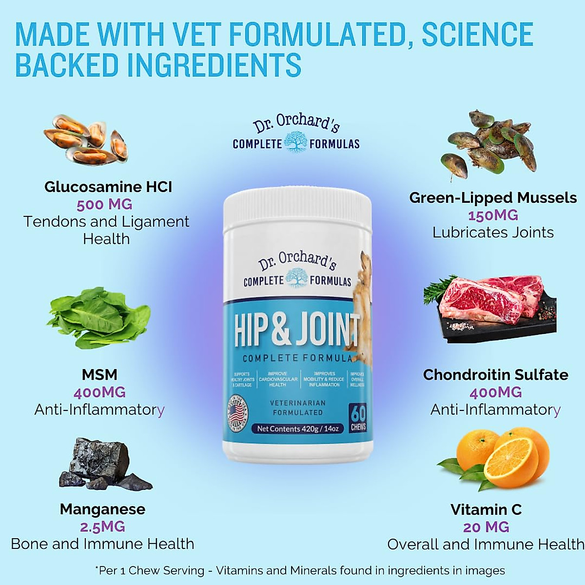 Dr. Orchard's Advanced Hip & Joint Chews - Duck Flavor- (60ct) Pain & Inflamation Relief with Glucosamine, Manganese, Chondroitin, MSM - Dog Chewable Supplement (60 Count)