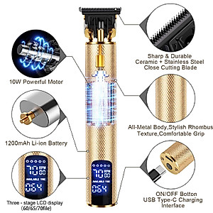 Hair Clippers for Men, Electric Hair Clippers Cordless Rechargeable Grooming Kits T-Blade Close Cutting Trimmer for Men 0mm Zero Gap Bald Head Clippers, Hair Trimmer for Men (Gold)
