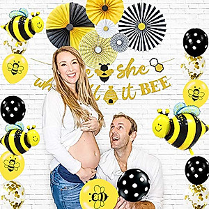 NAIWOXI What Will It Bee Gender Reveal Party Supplies - Bumble Bee Gender Reveal Decorations for Kids Baby Shower, Banner, Table Cloth, Sash, Paper Fans, Cake Topper, Balloons, for Baby Reveal Party