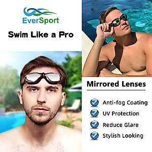 EverSport Swim Goggles, Pack of 2 Swimming Goggles, Swim Glasses No Leaking Anti Fog UV Protection for Adult Men Women Youth Kids Child, Watertight(Mirrored Black&Aqua)
