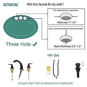 WOWOW Widespread Bathroom Faucet 3 Hole Black Widespread Faucet 8 Inch Center Bathroom Faucets Pop Up Drain Assembly Vanity Faucet Double Handle High Arc Lavatory Bathroom Basin Faucet Sink Faucets