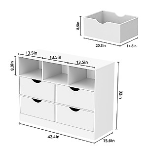 Housoul 4 Drawers Dresser with Open Cube, Chest of Drawers, Dresser for Bedroom, Fabric PU Drawer Dresser, White Dresser with Large Organizer, Closet Dresser with 4 Drawers, White
