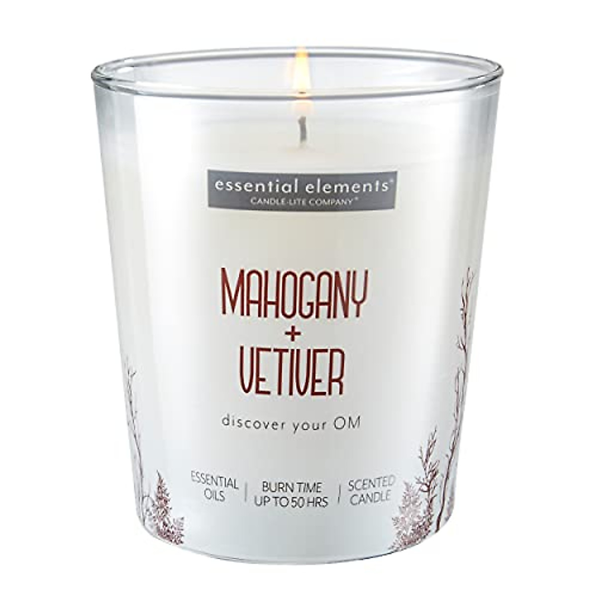 Essential Elements by Candle-lite Scented Candles, Mahogany & Vetiver Fragrance, One 9 oz. Single-Wick Aromatherapy Candle with 50 Hours of Burn Time, Off-White Color