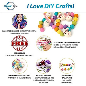 Glaciart One Felt Ball & Bunny Garland - Fun Party Decorations for Easter, Spring & Birthdays - Home Decor for Living Room, Bedroom, Baby Room - 100% Natural Wool Pom Poms with Cotton String - 9 Ft.