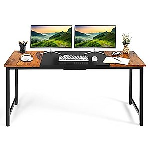 COSTWAY 63” Computer Desk, Modern Home Office Desk, Sturdy Steel Frame Writing Desk with Spacious Splice Desktop, Simple Laptop Desk for Study, Office, Dining Room, Simple Installation