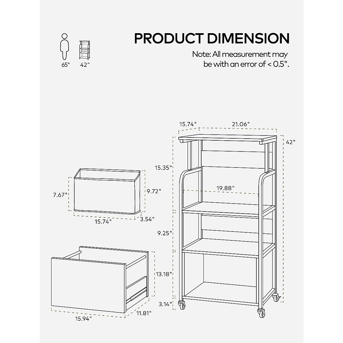Bealife 3 Tier Home Office Printer Stand with Drawer,Side Canvas Bag, Metal Hook, Tall Mobile Printer Rack Cart with Ample Storage Space, Durable Lockable Casters, Multifunctional in Use - Black