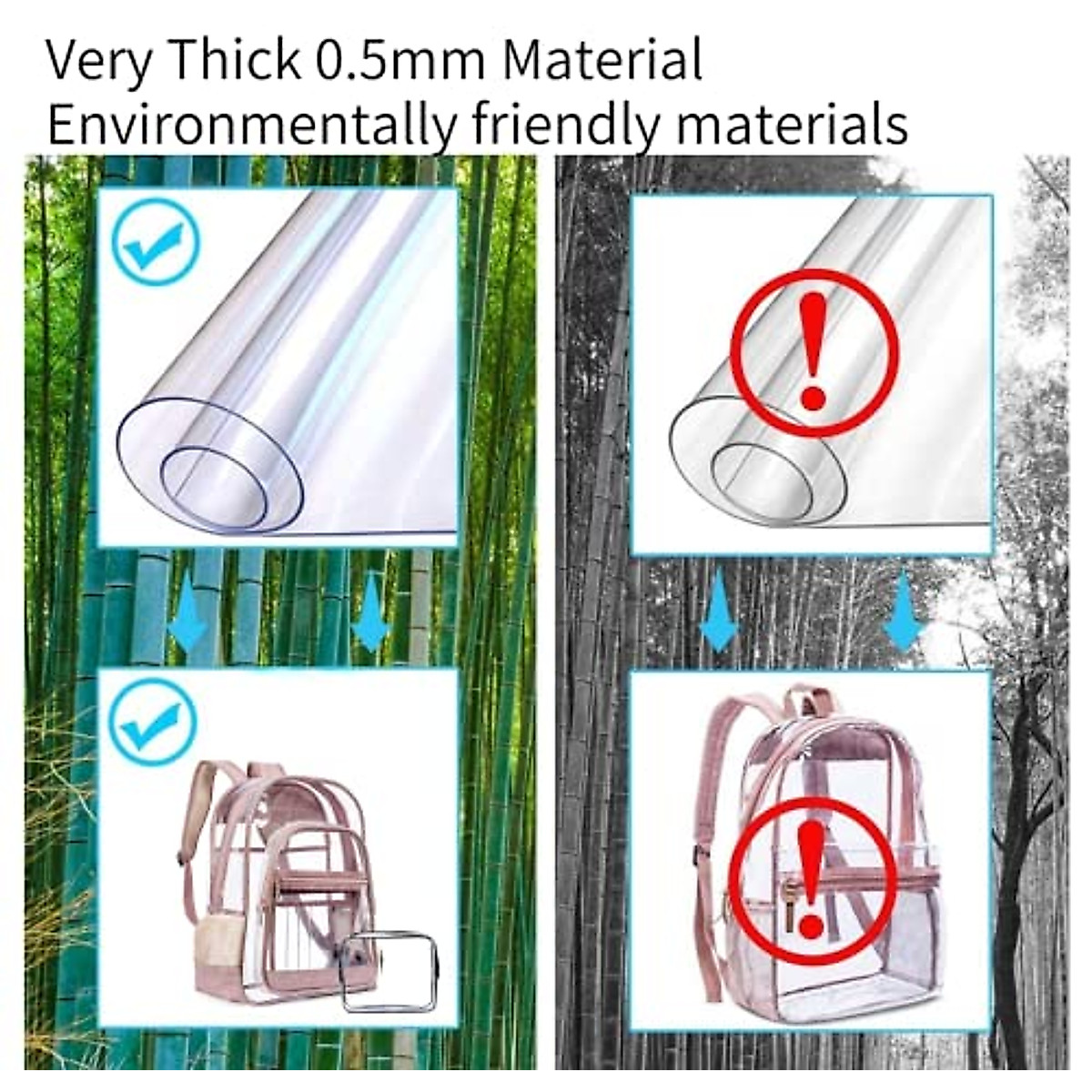 RRRWEI Clear Backpack Stadium Approved Heavy Duty Backpack Women School Bookbag Transparent Pvc For Men,Work,Security,Travel (BLACK WITH MAKE UP BAG)