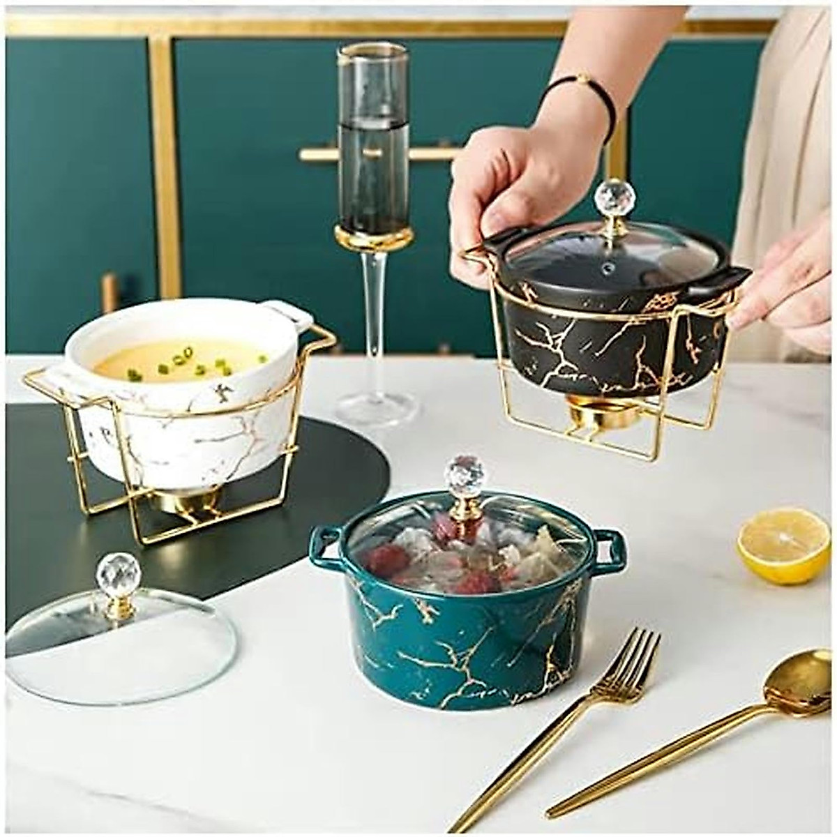 Food Warmer for Parties Buffets, Food Warming Tray Round Chafing Dish Buffet Set, Ceramic Marble Finish Chafer with Glass Lid, Chafer and Buffet Warmer Set for Buffet Weddings Parties