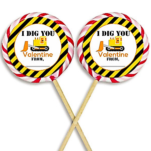 I Dig You Construction-Themed Valentine Party Favor Sticker Labels, 40 2" Party Circle Stickers by AmandaCreation, Great for Classroom Valentines, Envelope Seals, Gifts & Treats