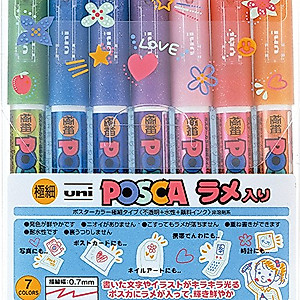 uni Posca Glitter Marker Pc-1ml 7C, Extra Fine Point, 7 Colors Set