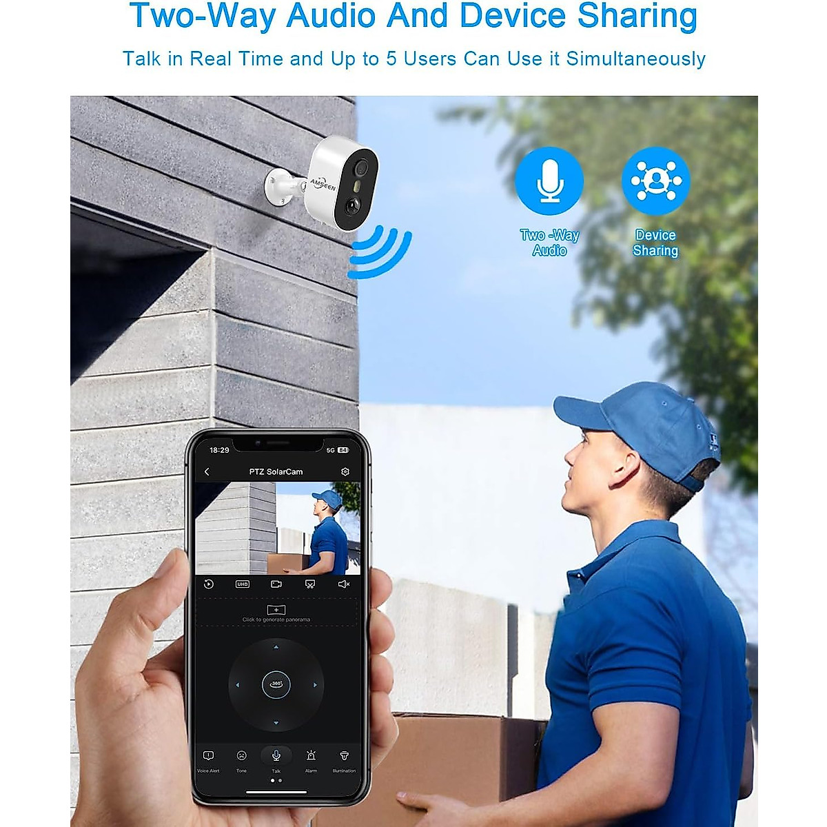 AMSEEN Solar Security Camera Wireless Outdoor with 360° Panoramic View, PIR Human Detection, 2K Night Vision, Spotlight and Siren, 2-Way Audio, Compatible with Alexa for Home Surveillance (C2-01)