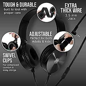 Classroom Headphones-Bulk 10-Pack, Student On Ear Comfy Swivel Earphones for Library, School, Airplane, Kids-for Online Learning and Travel, HQ Stereo Sound 3.5mm Jack (Black with Microphone)