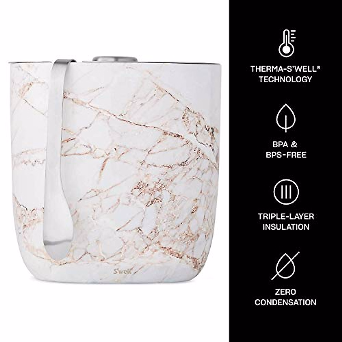 S'well Stainless Steel Ice Bucket with Tongs - Holds 67oz of Ice - Calcatta Gold - Triple-Layered Vacuum-Insulated Container Designed to Keep Ice Colder, Longer - BPA-Free Designer Barware Accessories