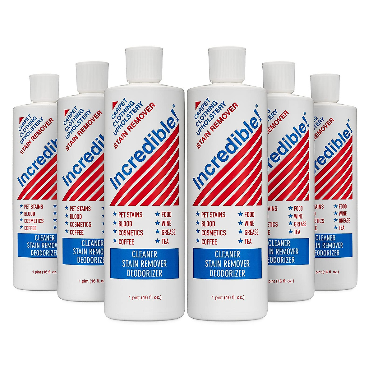 INCREDIBLE! Stain Remover - Commercial Pack Quantity, Professional Stain Cleaner For Carpets, Fabric, Linen, Laundry, Mattress, Car Upholstery – Pet Stains, Urine, Blood, Ink, Wine, 16.oz, Pack of 6