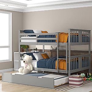 Harper & Bright Designs Full Over Full Bunk Bed with Trundle, Solid Wood Bunk Bed with Ladder for Bedroom, Guest Room Furniture – Gray