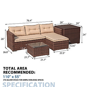 JOIVI Patio Furniture, Small Sectional Sofa Set with Storage Box, Outdoor Patio PE Rattan Conversation Set, All Weather Brown Wicker Couch with Cushions and Tempered Glass Coffee Table, Beige