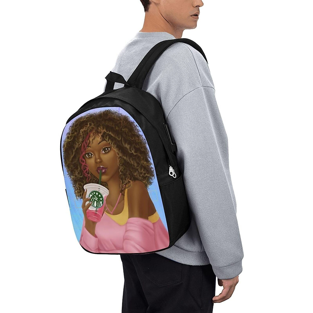 SARA NELL School Backpack Black Art Afro Girl Drink Juice African American Girl Bookbag Casual Travel Bag For Teen Boys Girls