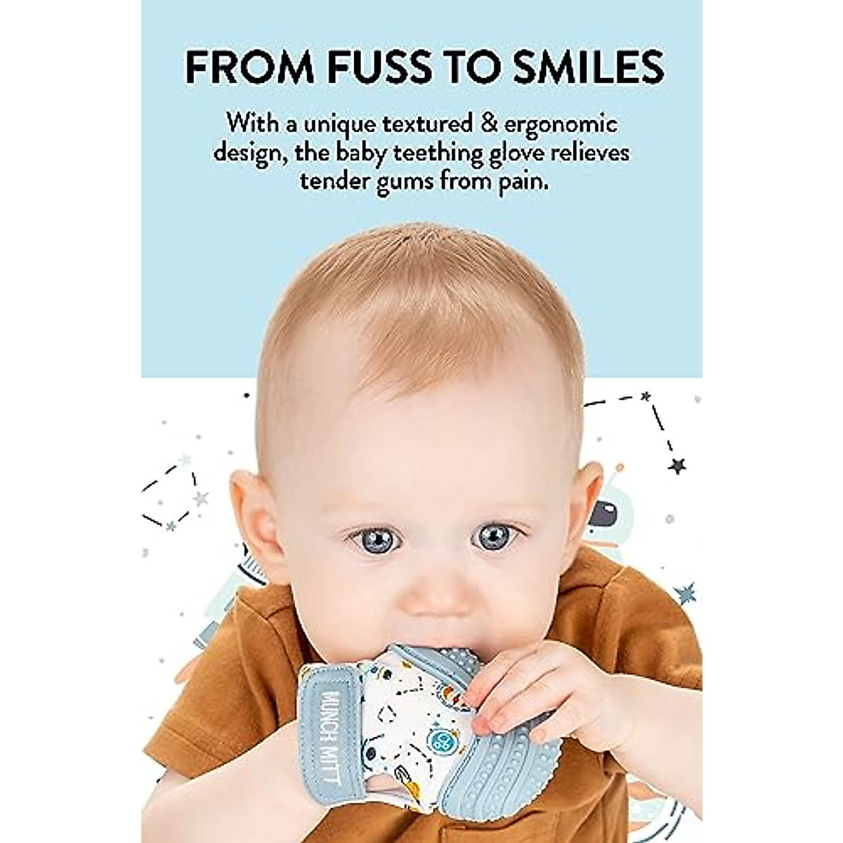 Malarkey Kids Patented Teething Mitten, Munch Mitt Baby Chew Toy - Protects Hands from Chewing & Saliva, Heals Aching Gums, Promotes Sound & Visual Stimulation for Babies - Outer Space